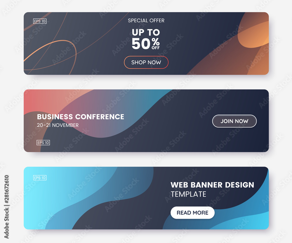 Colorful web banner with push button and dark backdrop. Collection of ...