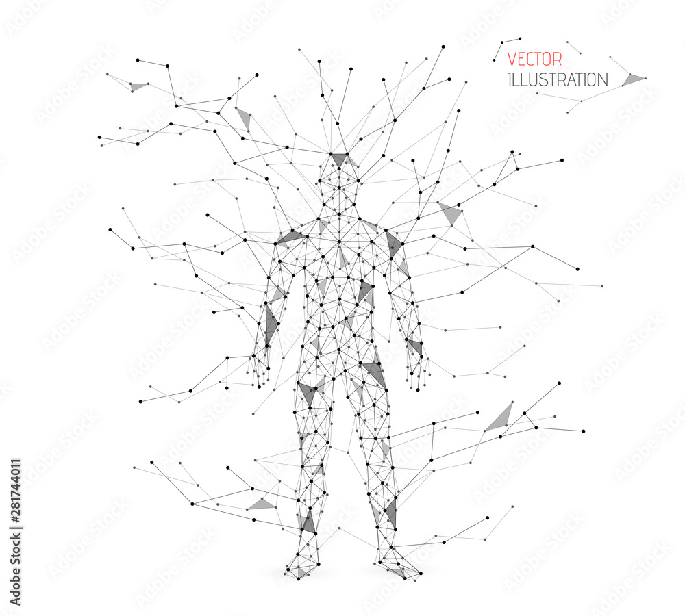 Human body low poly wireframe. Man abstract. Particle explosion. Stock ...