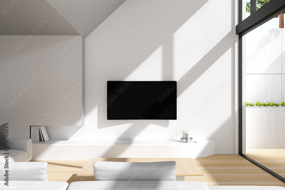 3D Rendering : illustration of modern television hanging on wall in big ...