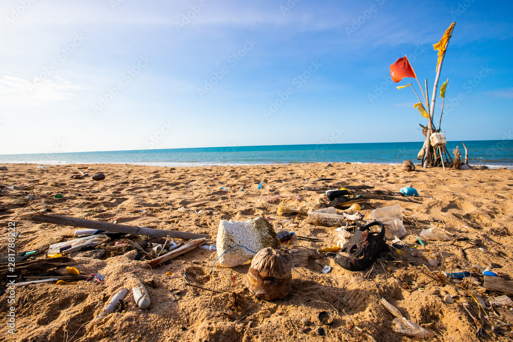 Trash on the Beach, Spilled garbage on the beach of the big city. Empty ...