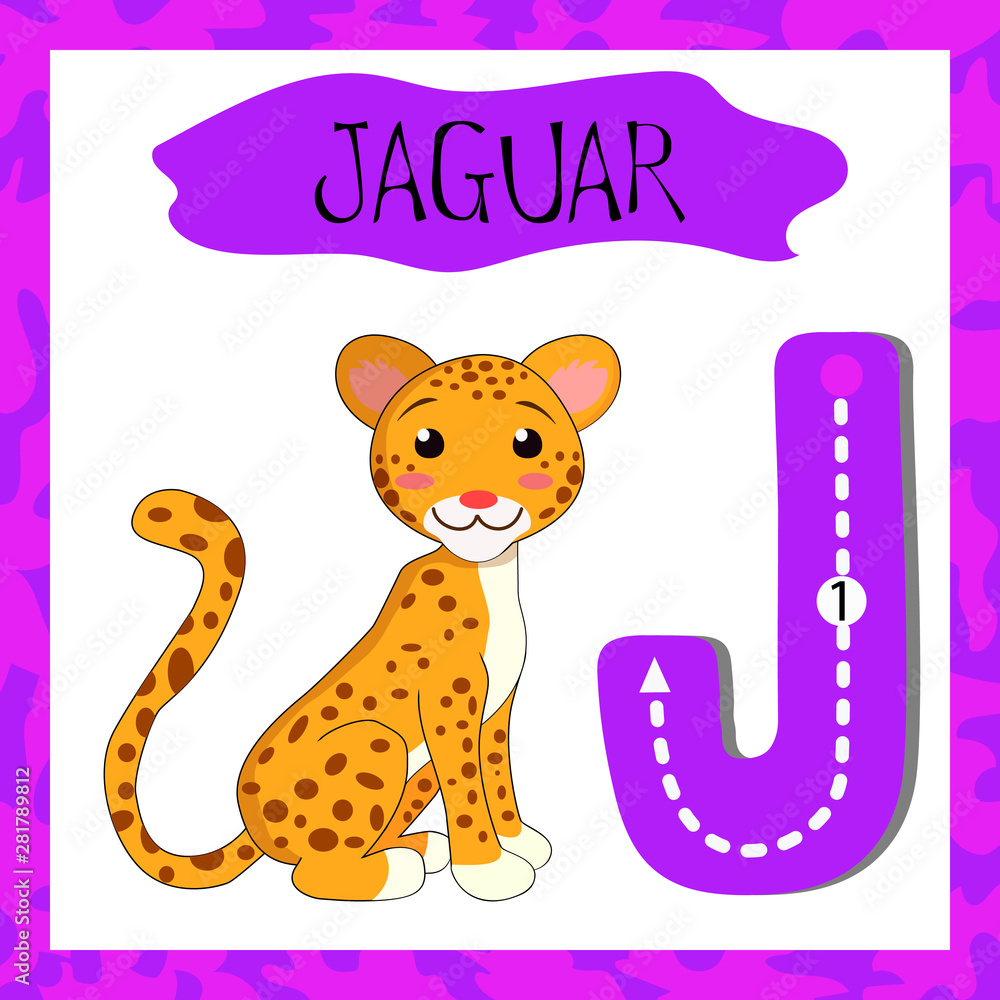 Letter J uppercase cute children colorful zoo and animals ABC alphabet tracing flashcard of ...