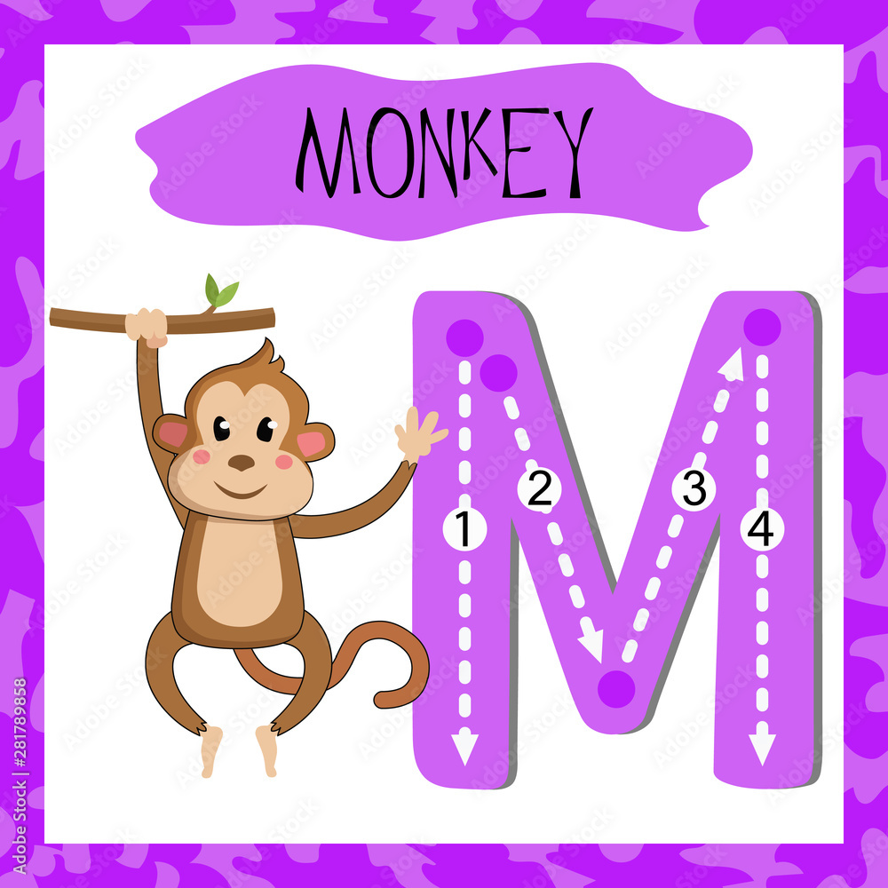 Letter M uppercase cute children colorful zoo and animals ABC alphabet ...