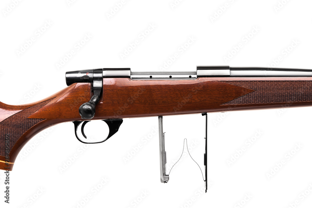 Modern luxury bolt-action carbine with a wooden varnished butt ...