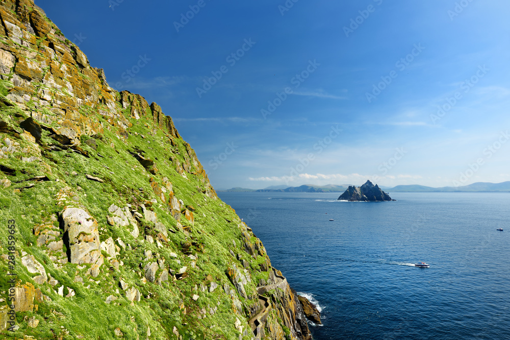 Skellig Michael or Great Skellig, home to the ruined remains of a ...