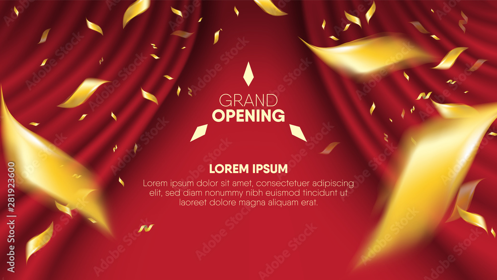 Realistic red curtain background plus scattering blur golden confetti ...