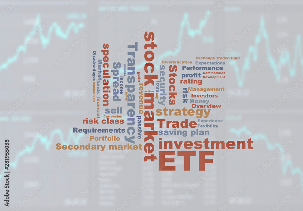 ETF exchange trades funds word cloud with chart background Stock ...