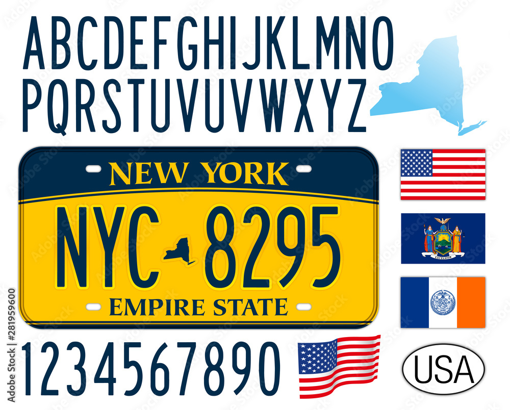 New York State car license plate, letters, numbers and symbols, USA ...