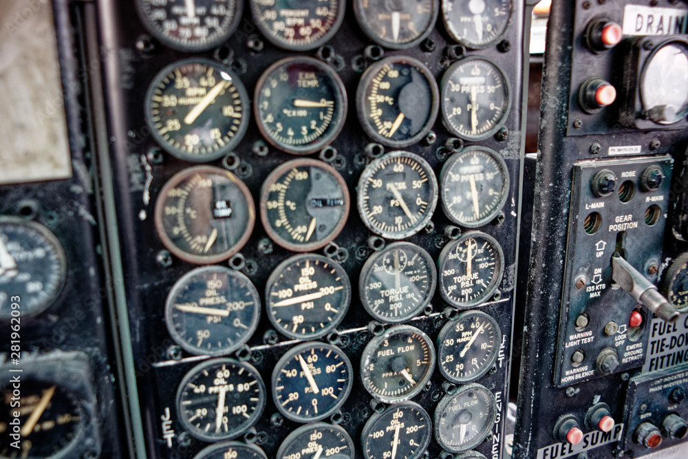 old vintage aircraft cockpit detail, pattern of multi meter gauge ...