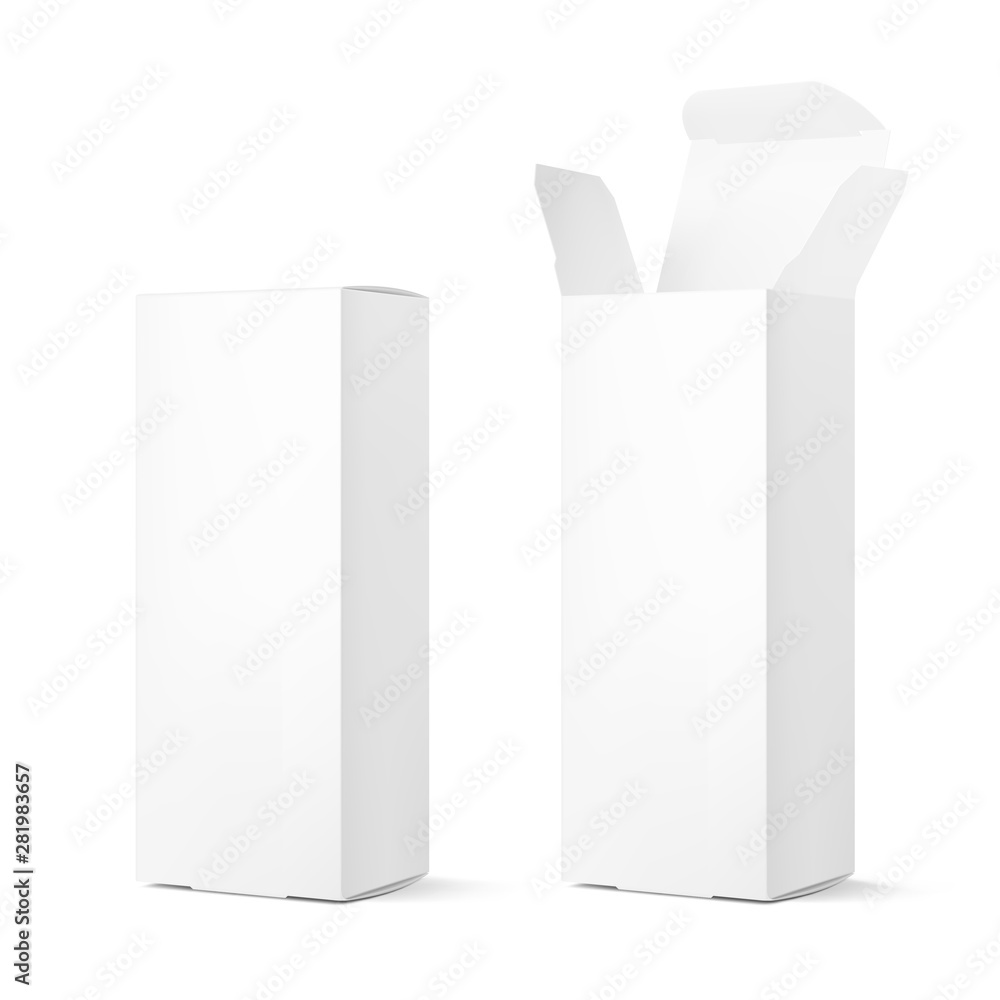 Realistic closed and open cardboard box mockup. Vector illustration ...