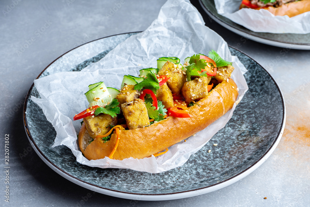 Pan-asian cuisine. traditional banh-mi sandwich with grilled tofu ...