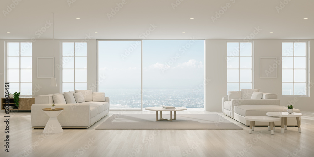 Perspective of modern luxury living room with white sofa and on city ...