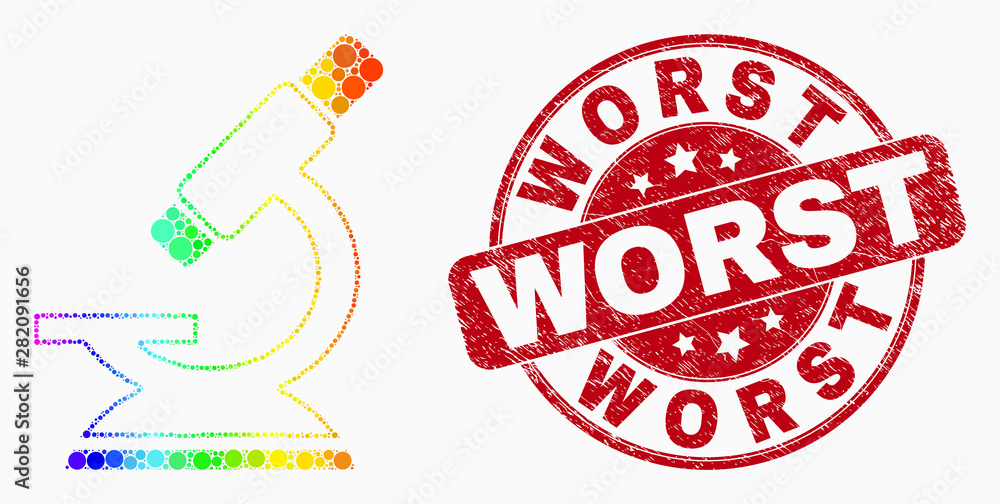Dotted bright spectral microscope mosaic pictogram and Worst stamp. Red ...