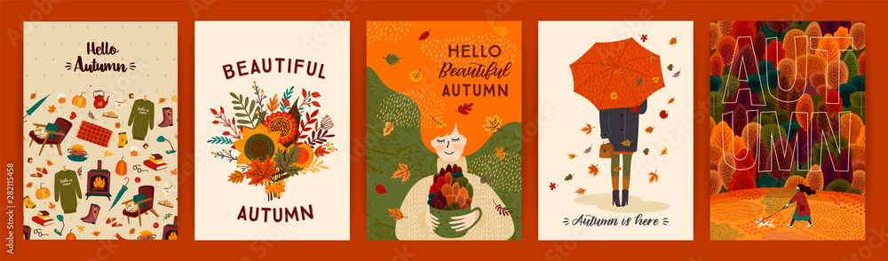 เวกเตอร์ Stock Set of cute autumn illustrations. Vector templates for ...