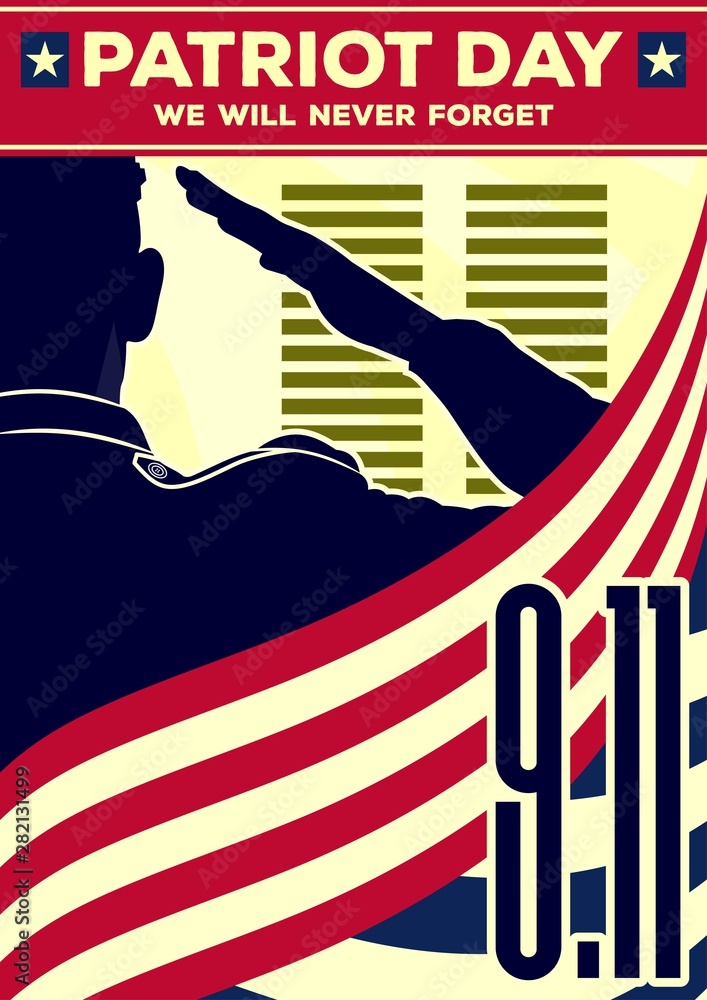 Patriot day poster template. US Army soldier saluting on american flag ...