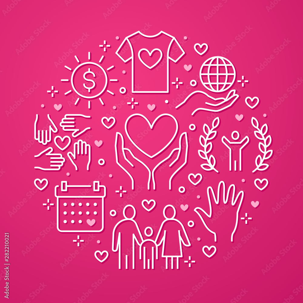 Charity vector circle banner with flat line icons. Donation, nonprofit ...