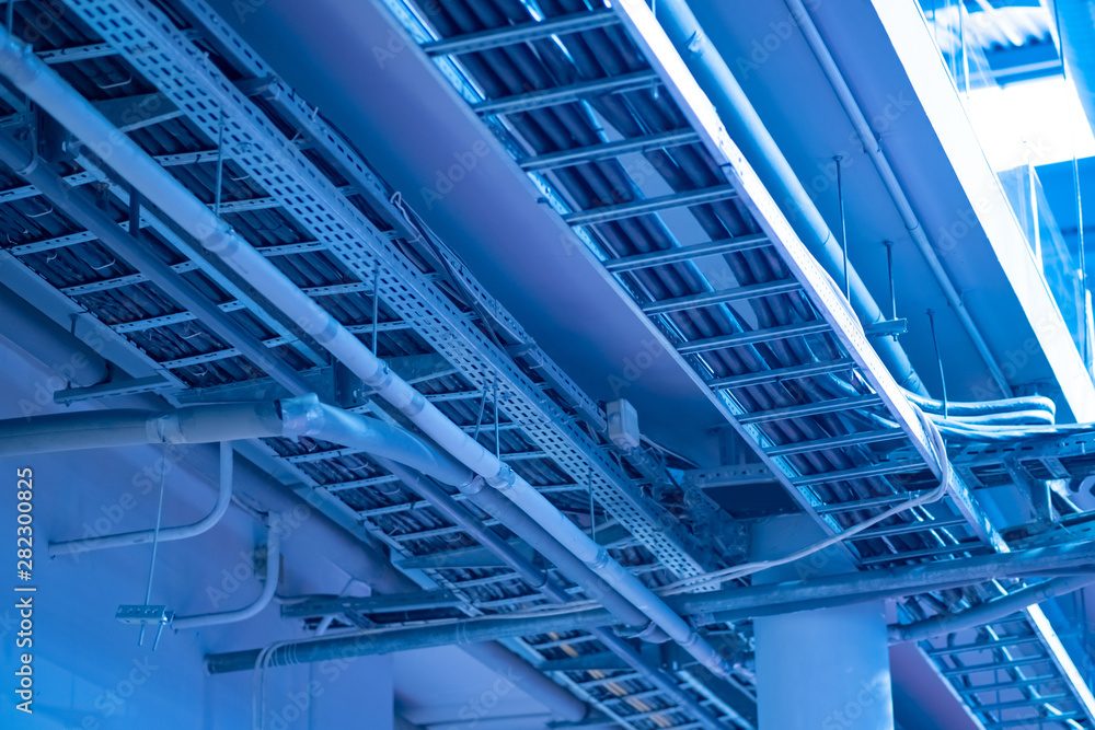 Network engineering. Conducting wires. Technical floor. Cable routing ...