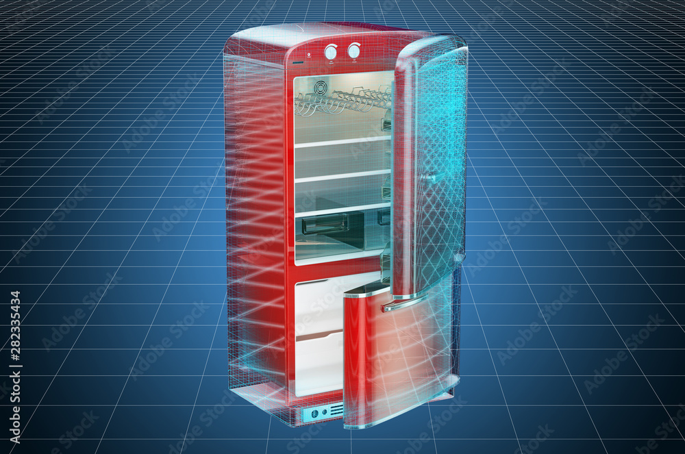 Visualization 3d cad model of retro fridge, blueprint. 3D rendering ...