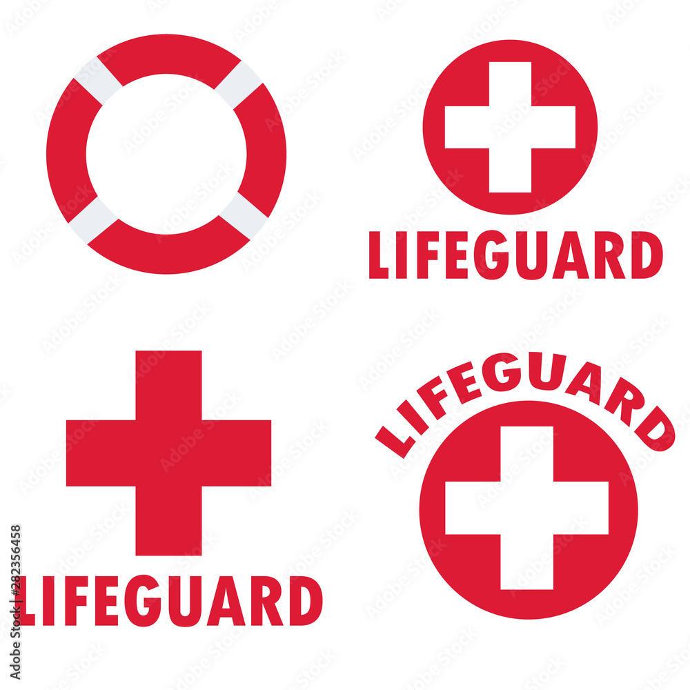 set of lifeguard icons on white background. flat style. set of beach ...