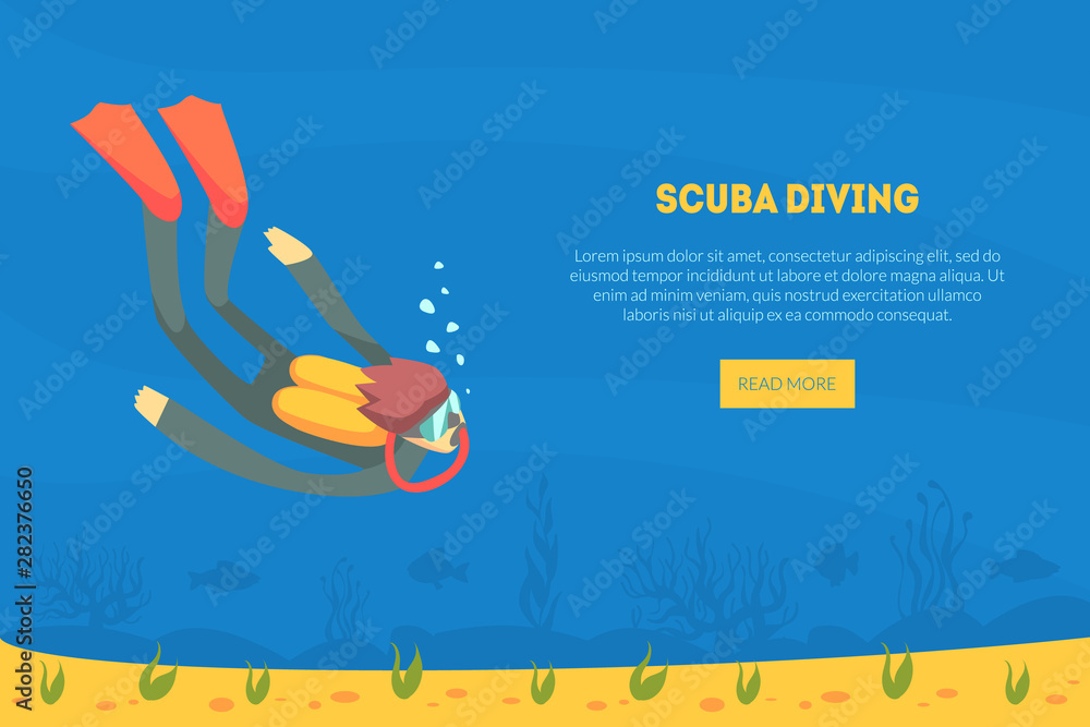 Scuba Diving Landing Page Template, Diver in Swimming Suit, Flippers ...
