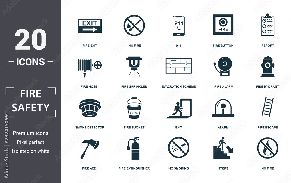 Fire Safety icon set. Contain filled flat smoke detector, fire hose ...