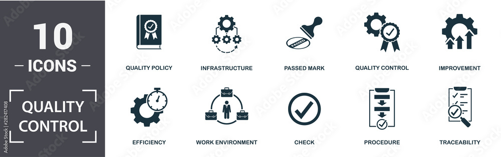 Quality Control icon set. Contain filled flat procedure, infrastructure ...