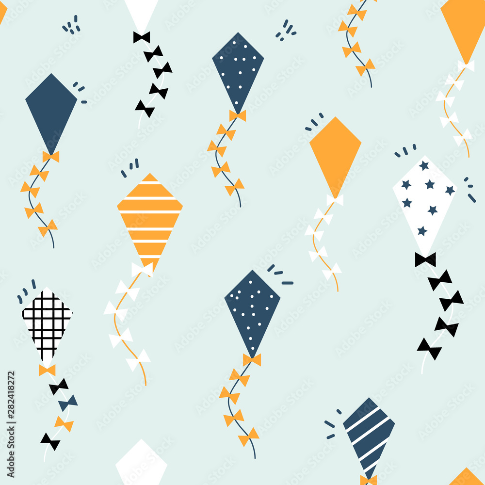 Seamless pattern with flying kites. Kids cute print. Vector hand drawn ...