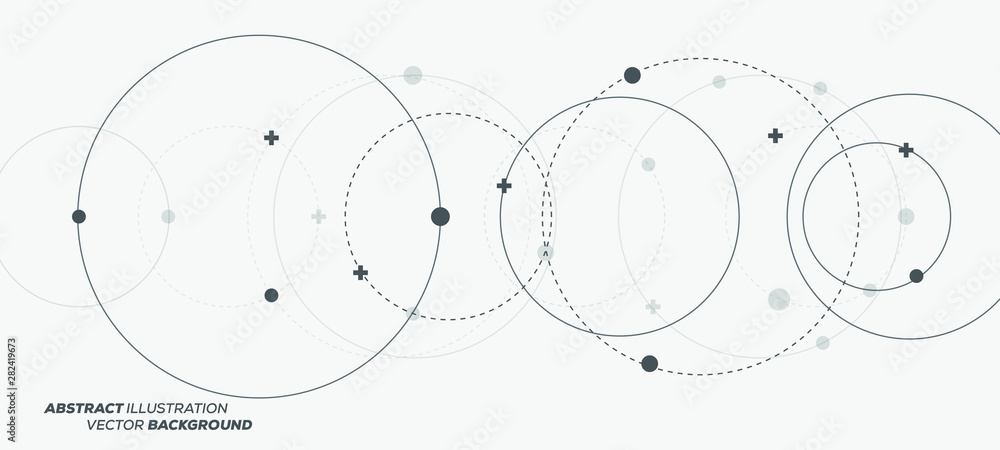 Abstract vector illustration with overlapping circles, dots and dashed circles. Science and ...