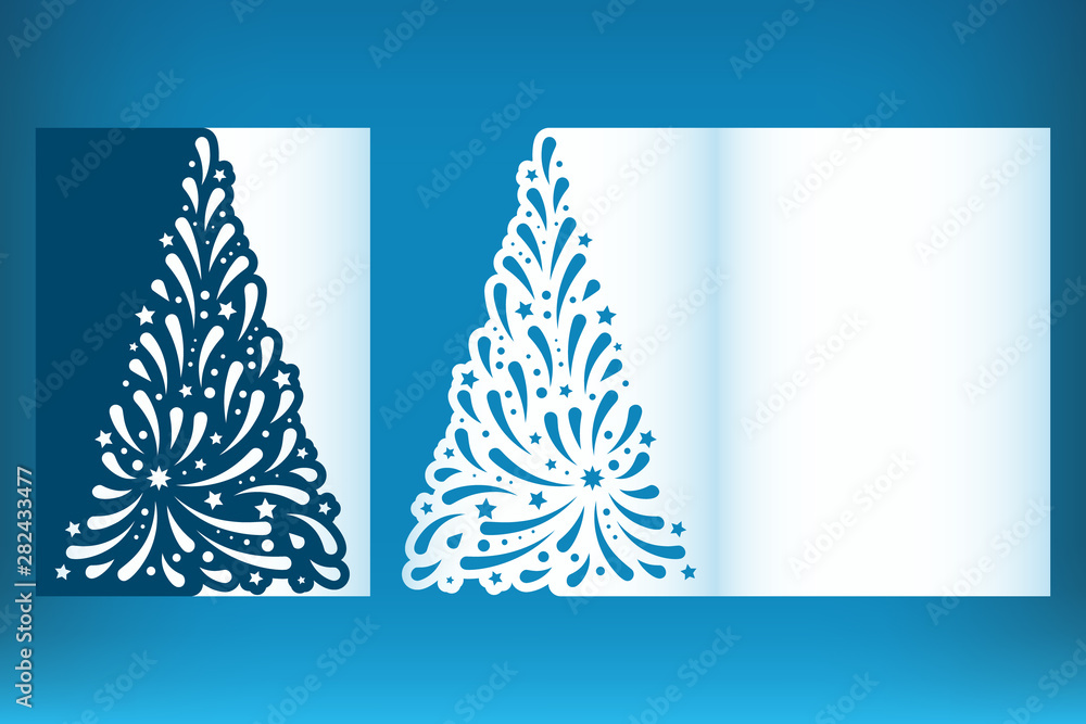 Laser cut Christmas card template with christmas tree cutout from paper ...