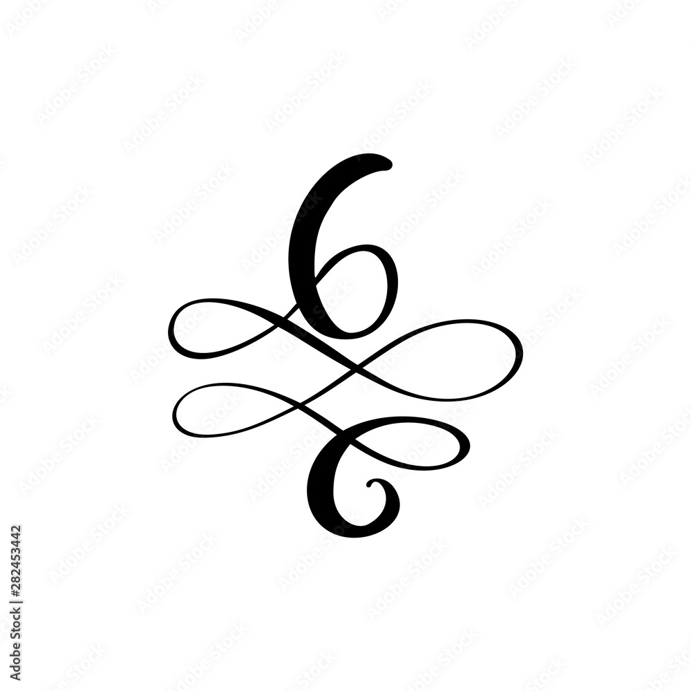 Vector Hand Drawn calligraphic floral number 6 monogram or logo. Hand ...