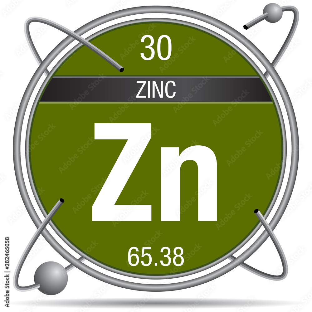 Zinc symbol inside a metal ring with colored background and spheres ...