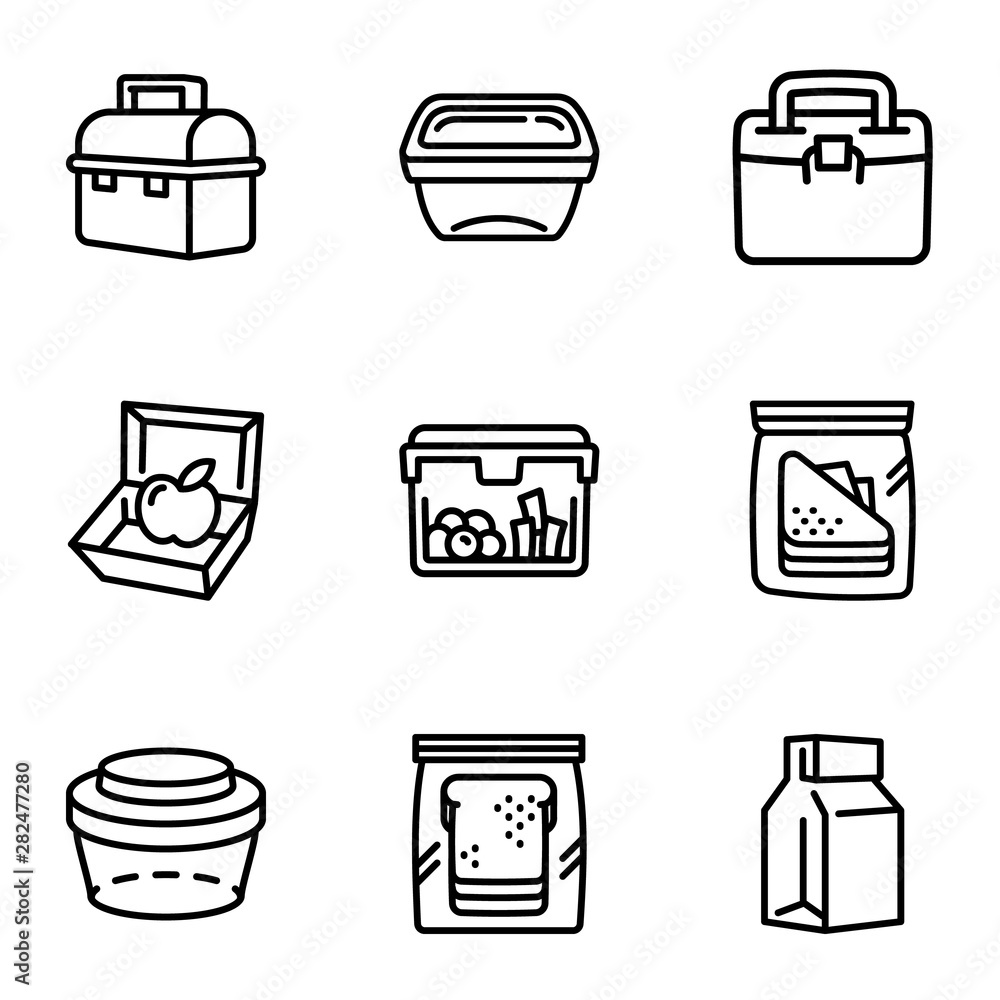 Food lunch box icon set. Outline set of 9 food lunch box vector icons ...