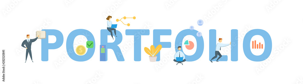 PORTFOLIO. Concept with people, letters and icons. Colored flat vector ...