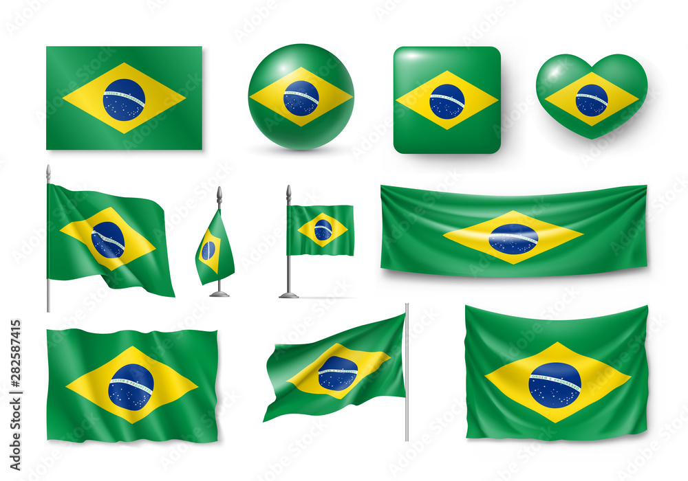 Various flags of Brazil independent country set. Realistic waving ...