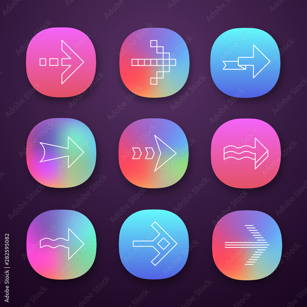Right arrows app icons set. Wavy, pixel, folding, striped, dashed next ...