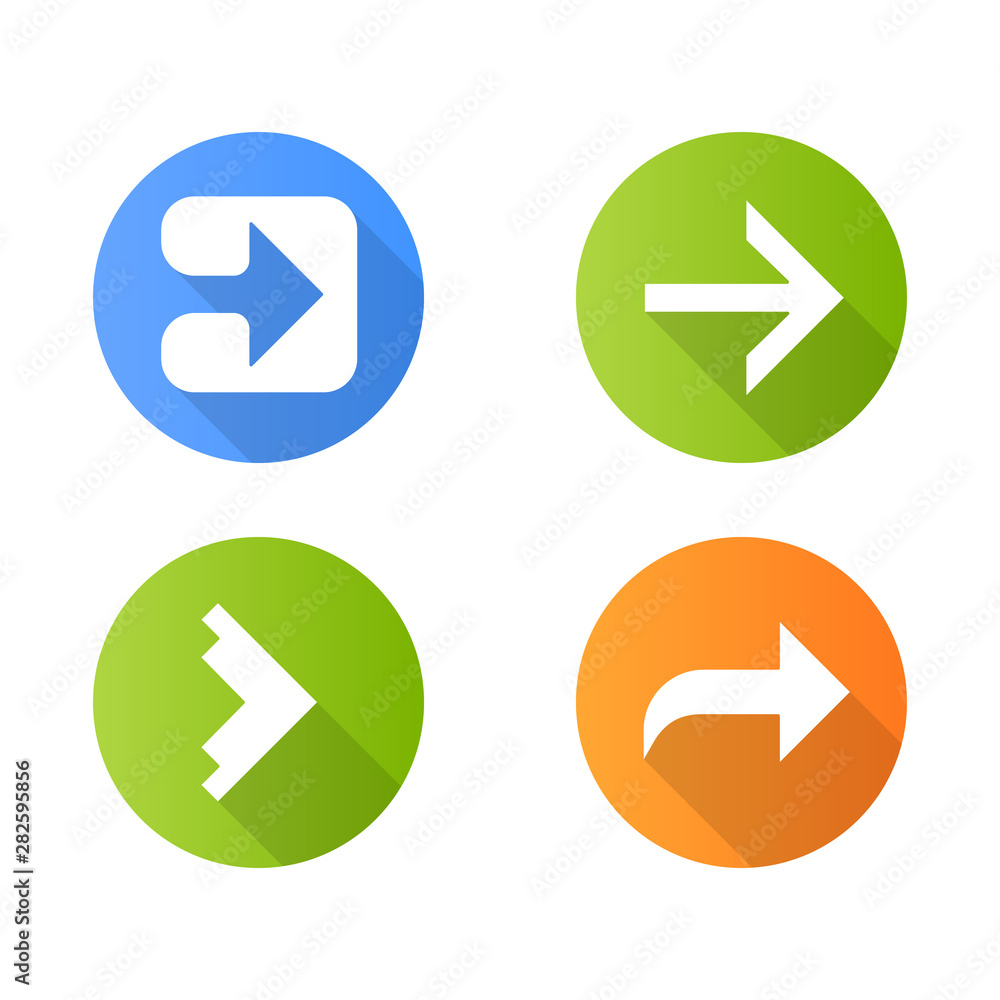 Arrow types flat design long shadow glyph icons set. Forward, right, curved and geometric arrows ...