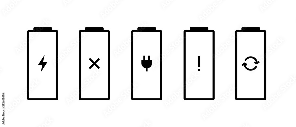 Battery charge indicator status icon set. Gadgets accumulator faulty ...