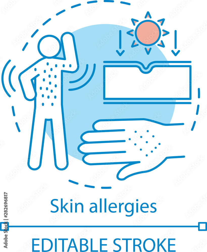 Skin allergies concept icon. Rash, contact dermatitis, hives idea thin ...