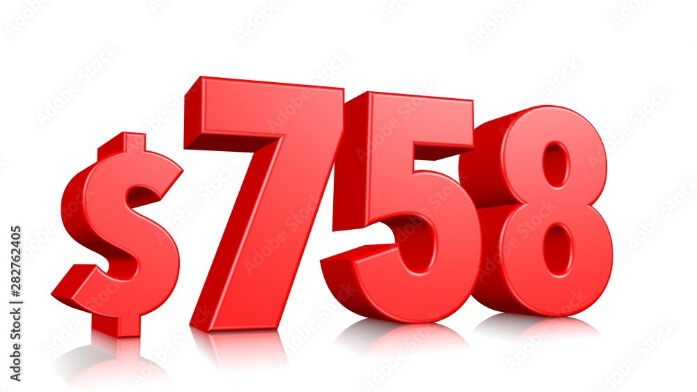 758$ Seven hundred fifty eight price symbol. red text number 3d render ...