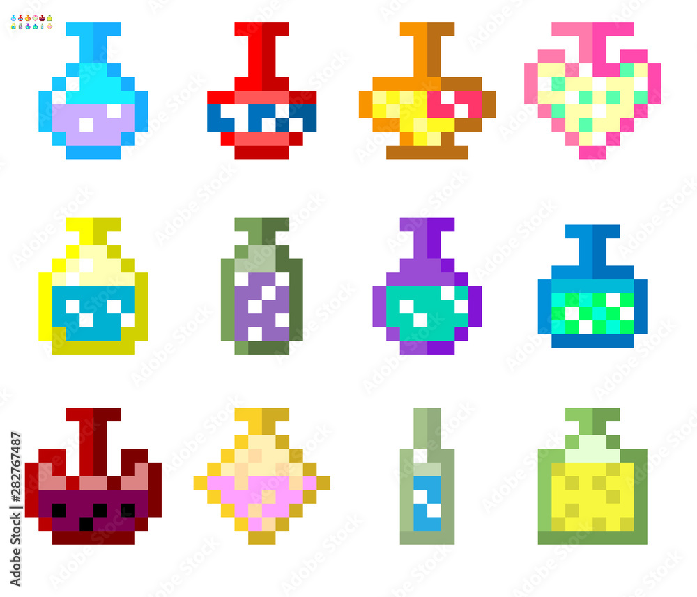 Indie-style set of potions in an 8-bit indie arcade game. pixel art ...