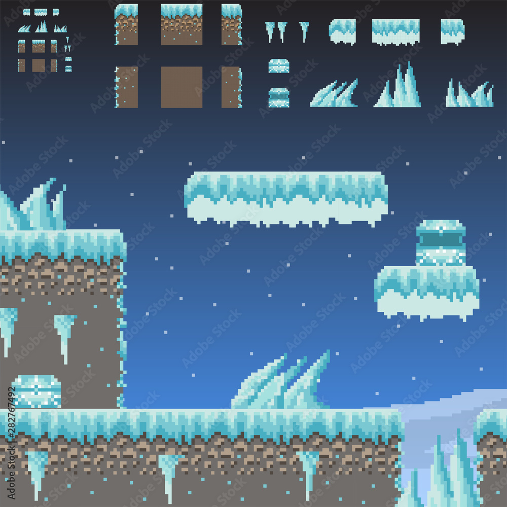 เวกเตอร์ Stock Pixel art Adventure 8 Bit game winter scene and quest ...