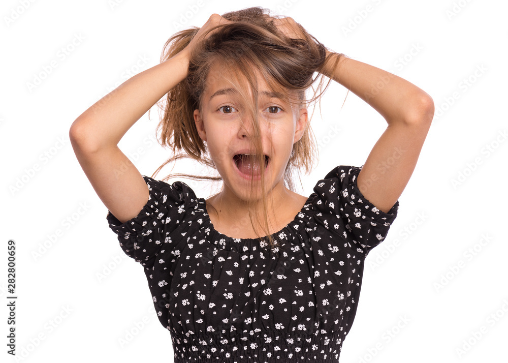 Surprised teen girl, isolated on white background. Funny child looking ...