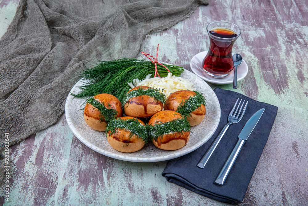 Traditional Turkish pastry pogaca with cheese filling with dill ...