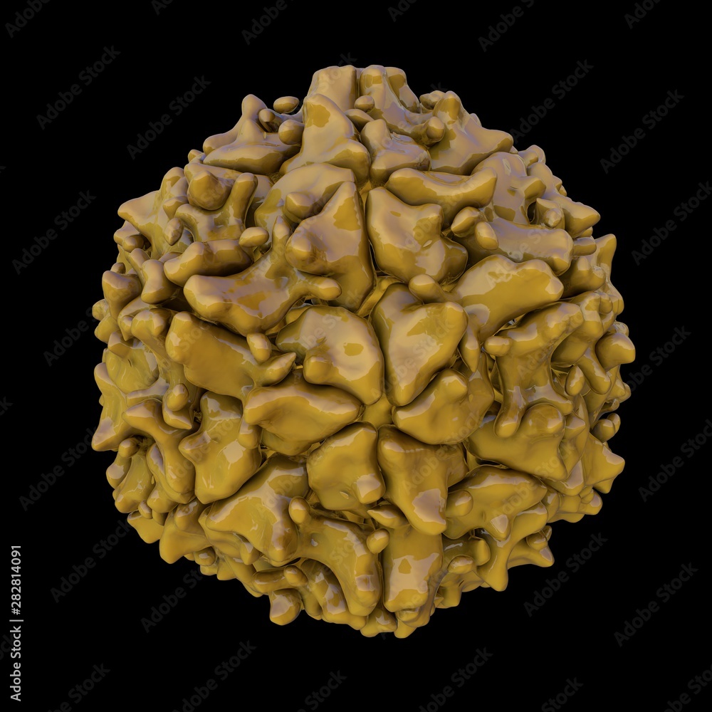 Yellow poliovirus isolated on black background.The virus transmitted by ...