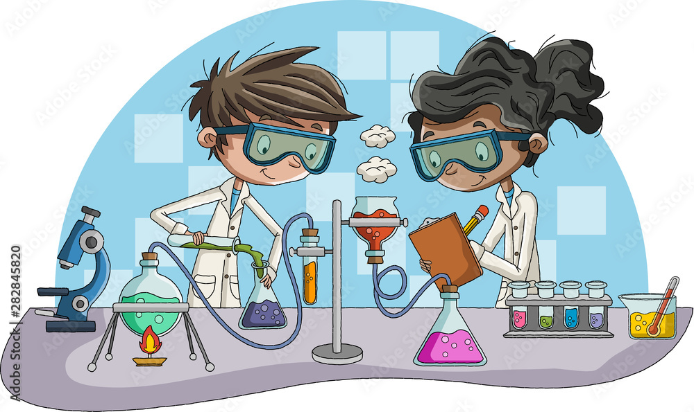 Cartoon students doing research with chemical fluid in the laboratory ...