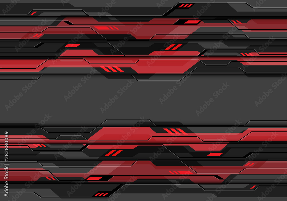 Abstract dark grey metallic cyber circuit with red light power system ...