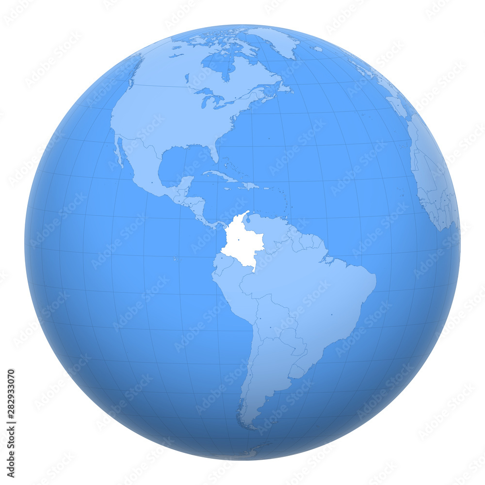 Colombia on the globe. Earth centered at the location of the Republic ...
