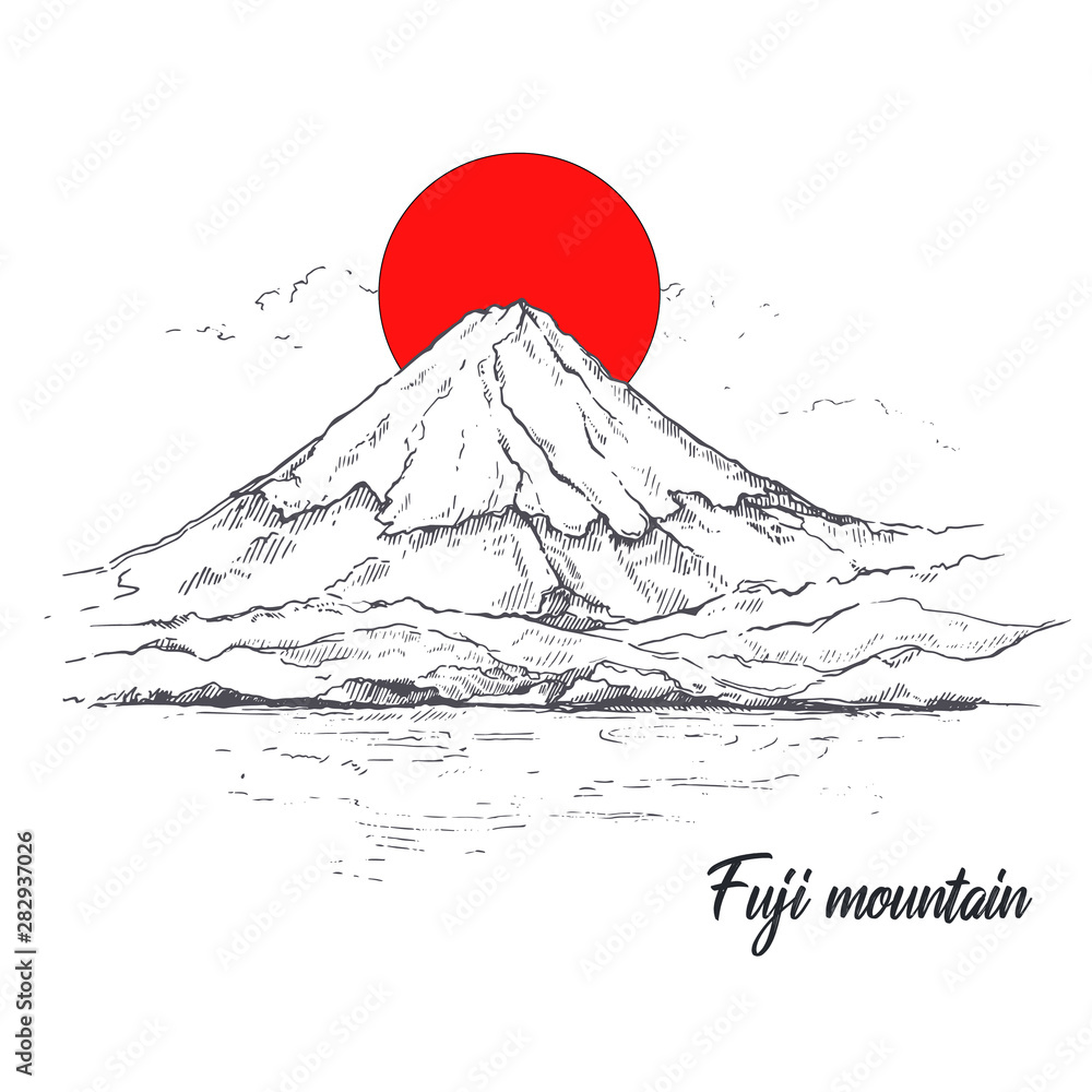 Illustration Mount Fuji and red sun .Sketch. Japan drawing.Hand drawn and ink painting of Asia ...