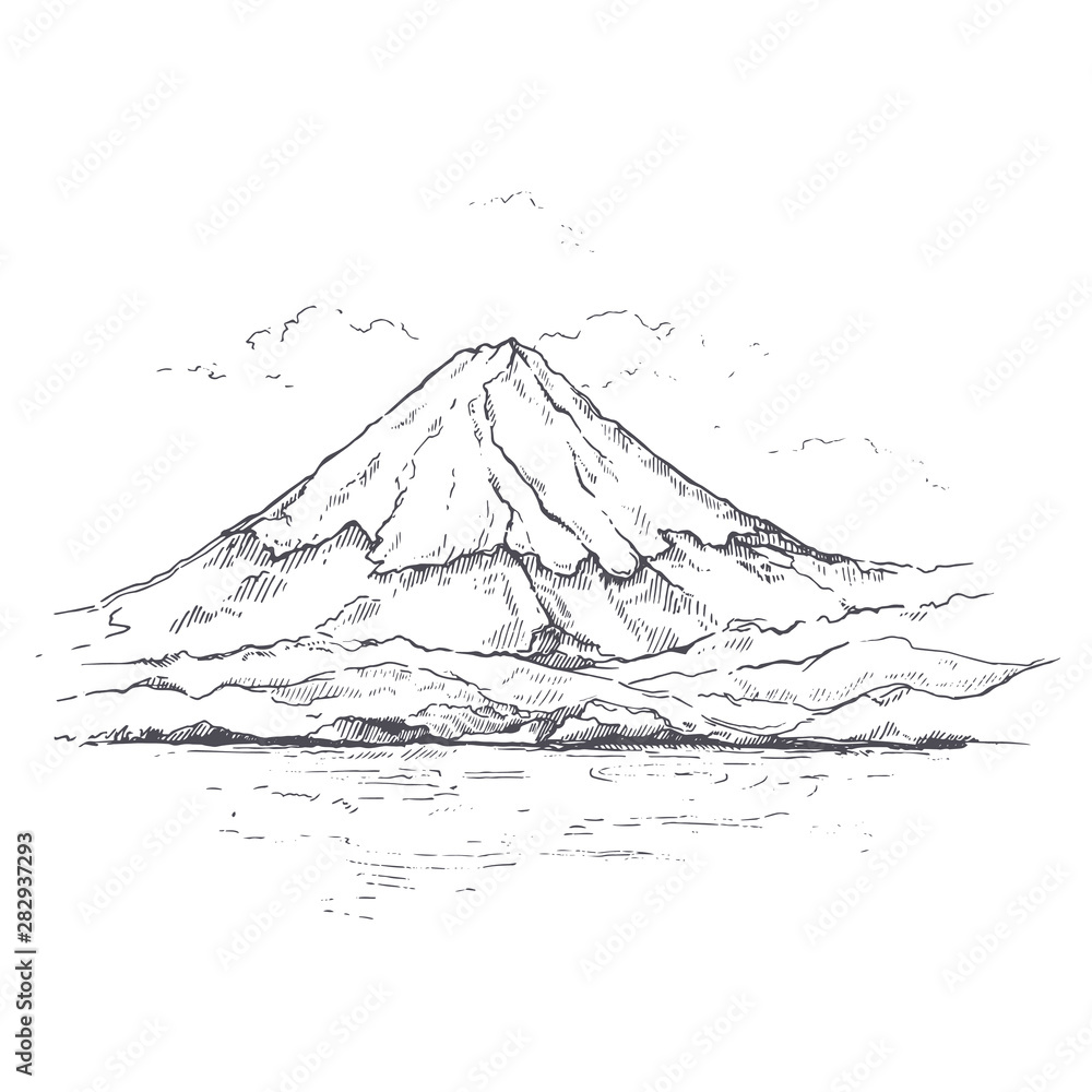 Illustration Mount Fuji.Sketch. Japan drawing.Hand drawn and ink ...