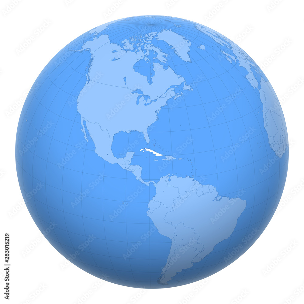 Cuba on the globe. Earth centered at the location of the Republic of ...