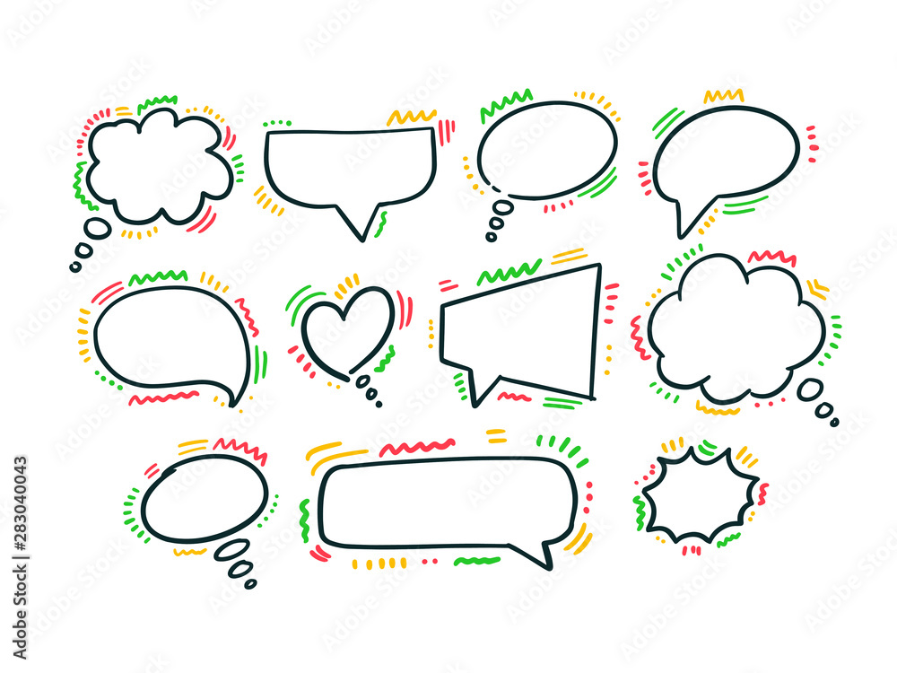 Speech bubble thin line icon set. Outline web sign of comic tell ...